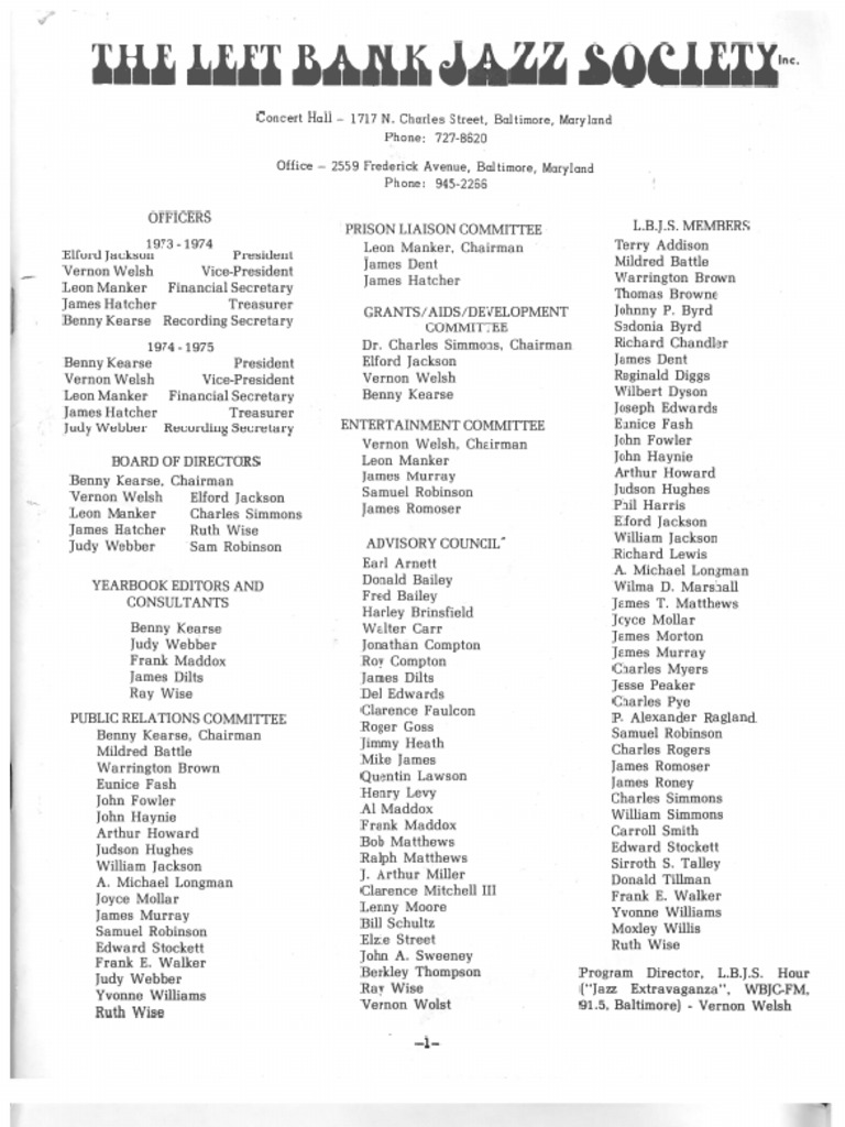 Left Bank Jazz Society: 1975 Yearbook | PDF | Saxophone | Jazz