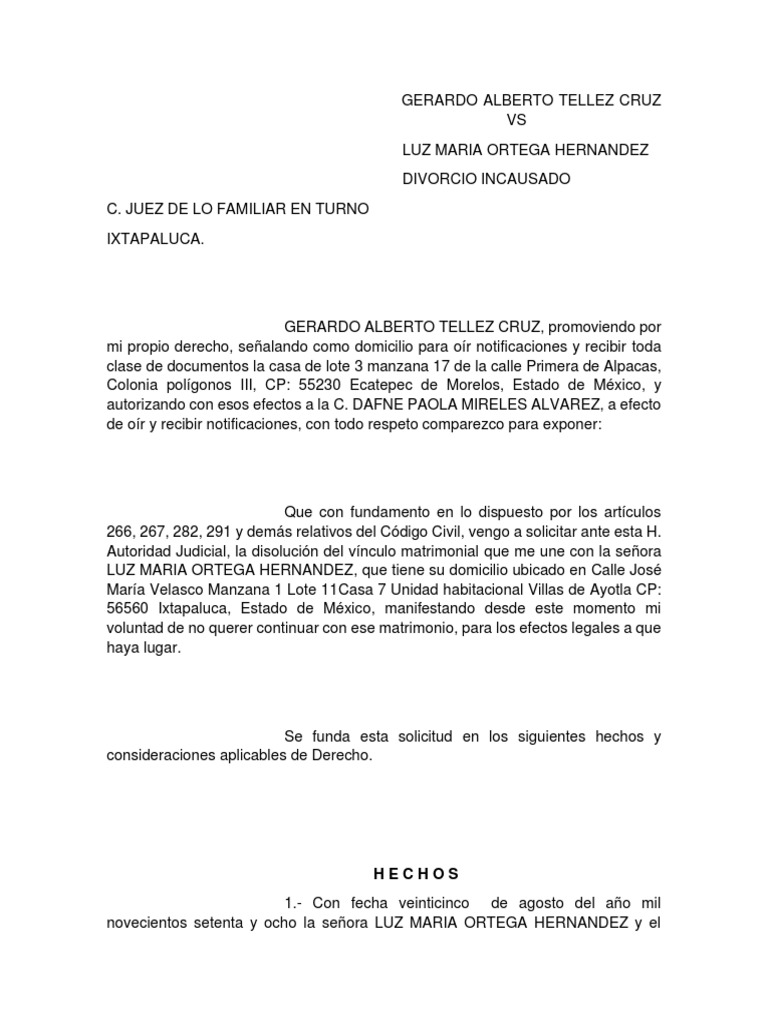 Escrito Inicial de Demanda de Divorcio Incausado | PDF | Demanda ...