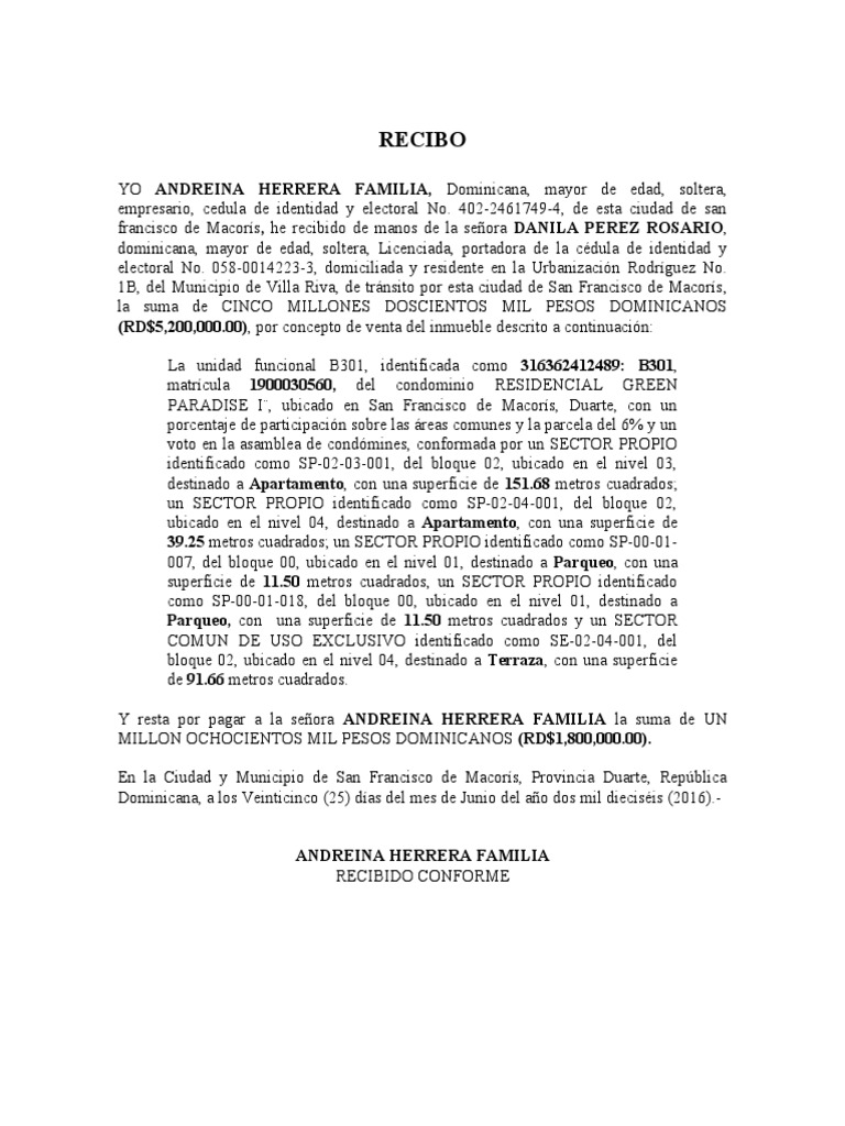 Recibo - Andreina Herrera y Danila Perez | PDF