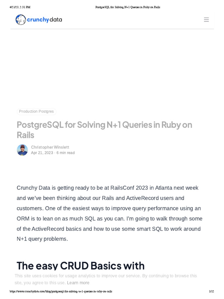 The Easy Crud Basics With Activerecord Postgresql For Solving N 1 Queries In Ruby On Rails
