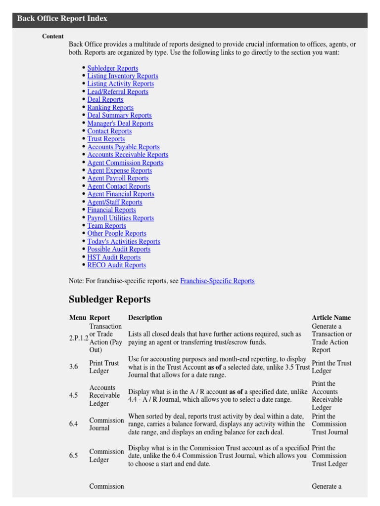 Back Office Report Index | PDF | Money | Private Sector