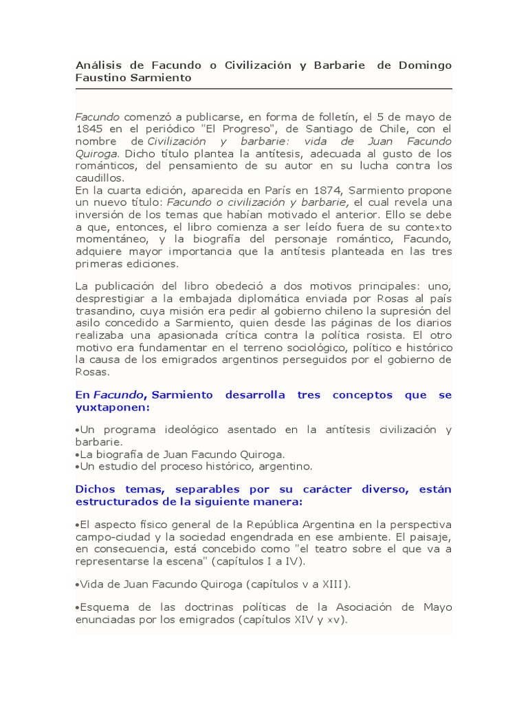 Análisis de Facundo o Civilización y Barbarie | PDF