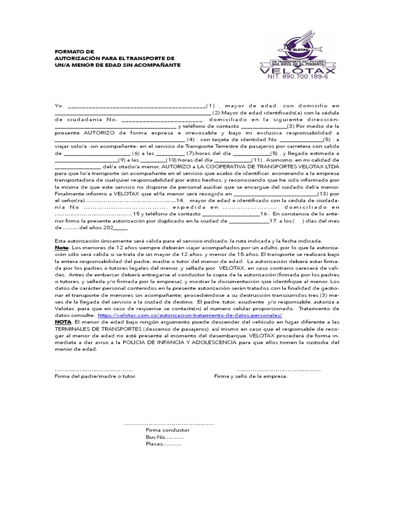 Autorizacion para El Transporte de Un Menor de Edad | PDF