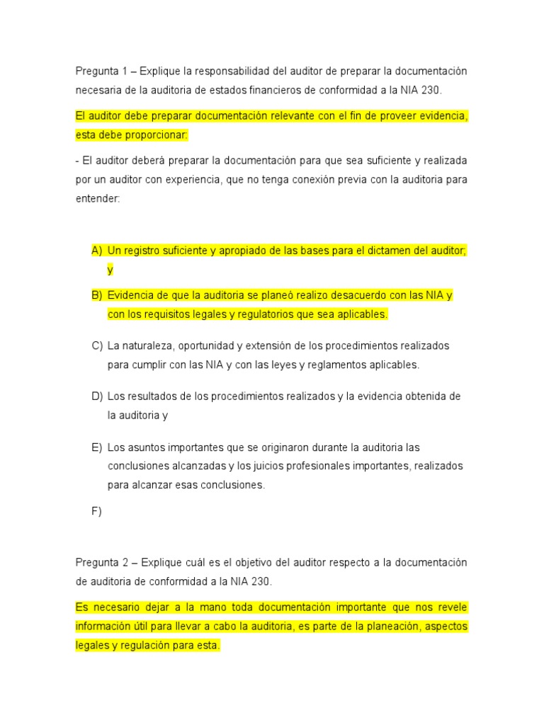 NIA 230 | PDF | Auditoría | Contralor
