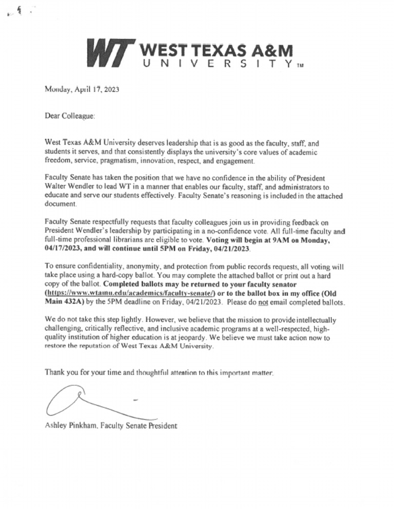 Letter From WTAMU Faculty Senate | PDF
