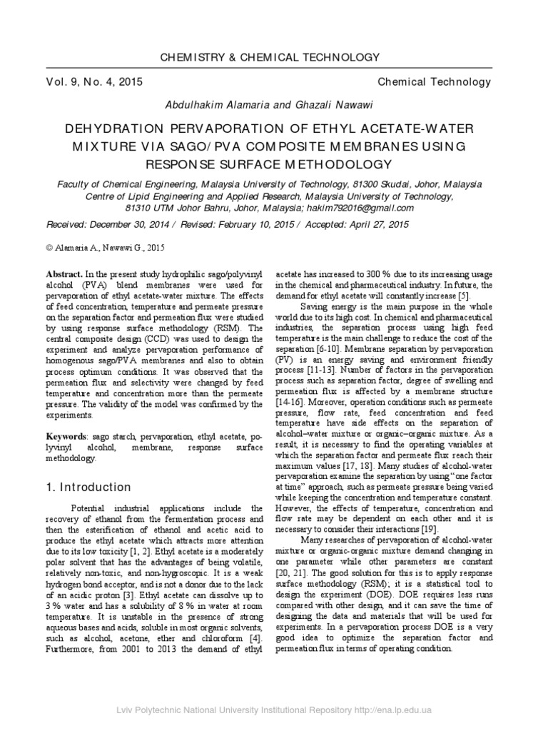 Dehydration Pervaporation of Ethyl Acetate-Water Mixture Via Sago/Pva Composite Membranes Using ...