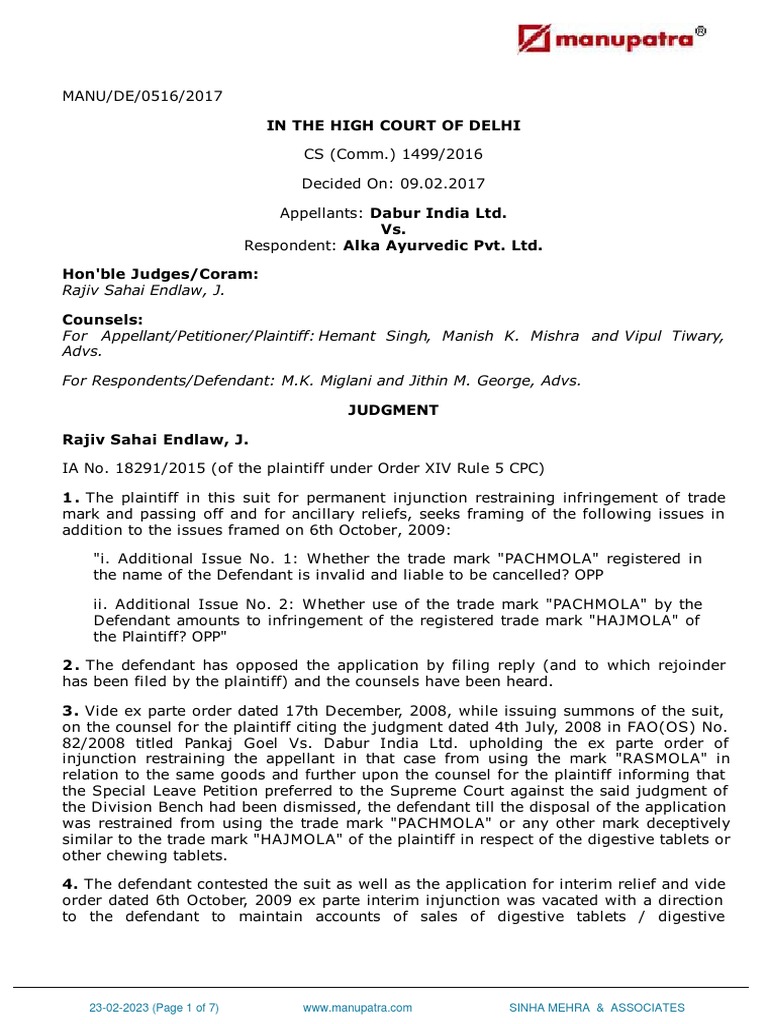 Dabur India LTD Vs Alka Ayurvedic PVT LTD ...