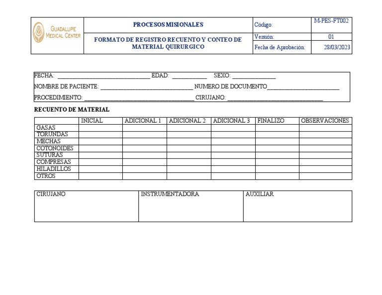 M-Pes-Ft002 Formato de Registro Recuento y Conteo de Material ...