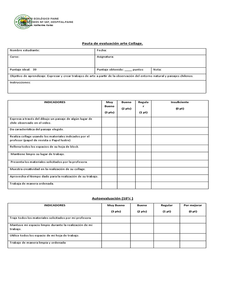 Pauta de Evaluación Arte Collage.: Indicadores Muy Bueno (3 PTS) Bueno (2 PTS) Regula R (1 PT ...