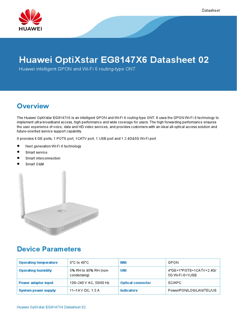Huawei Optixstar Eg8147X6 Datasheet 02: Huawei Intelligent Gpon and Wi-Fi 6 Routing-Type Ont | PDF