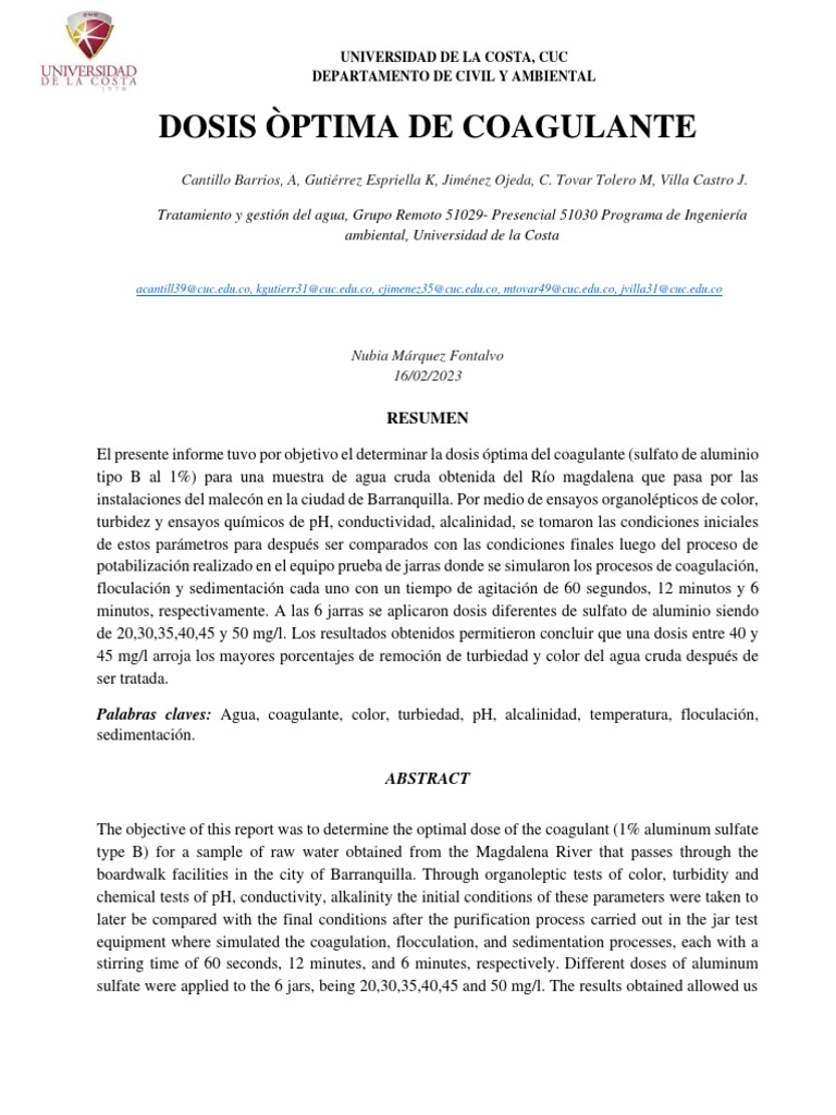 Dosis Óptima de Coagulante | PDF | Coloide | Agua