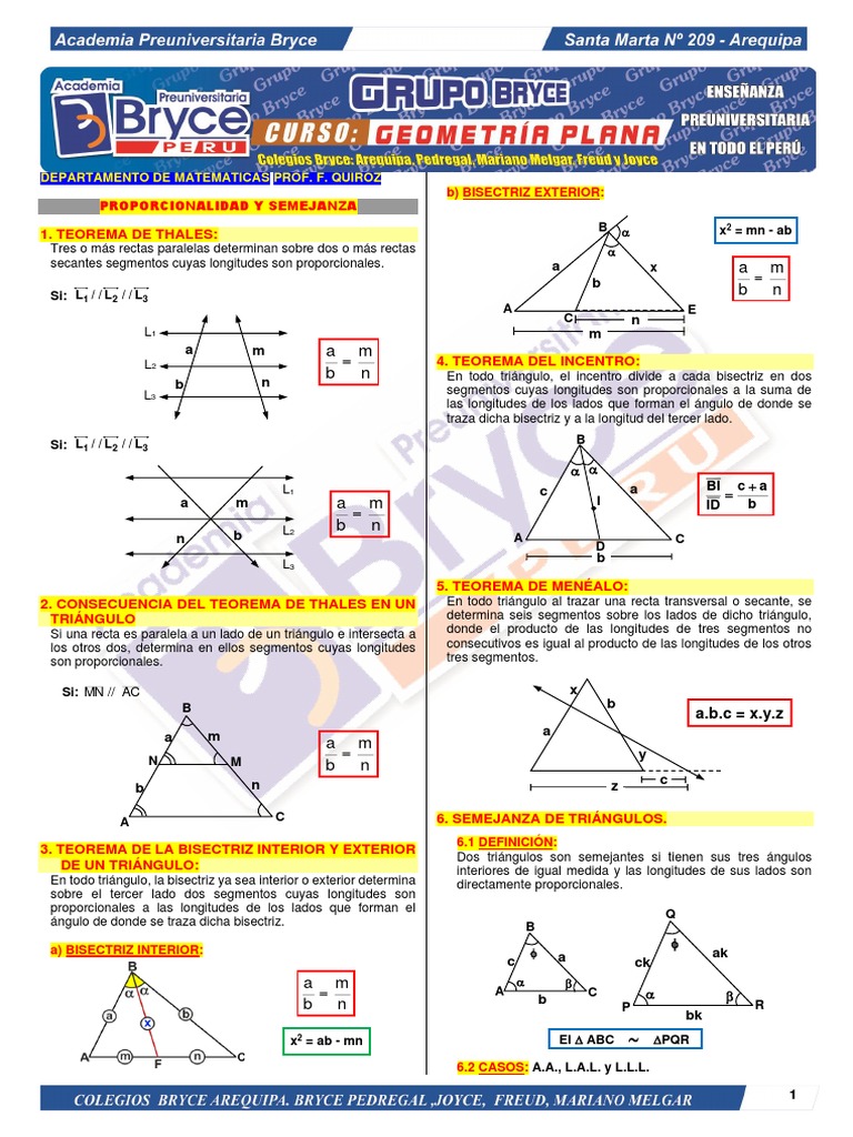 Hoja De Trabajo Con Respuestas Sobre El Teorema De Proporcionalidad Triangular