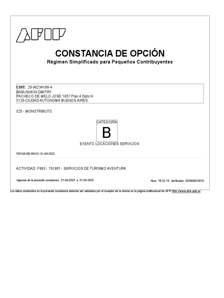 Constancia de opción al Monotributo para servicios de turismo de ...