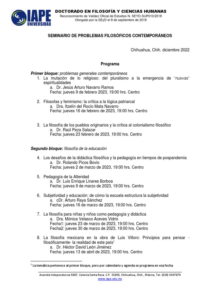 Seminario de Problemas Filosóficos Contemporáneos. Programa | PDF | Ciencias sociales | Filosofía