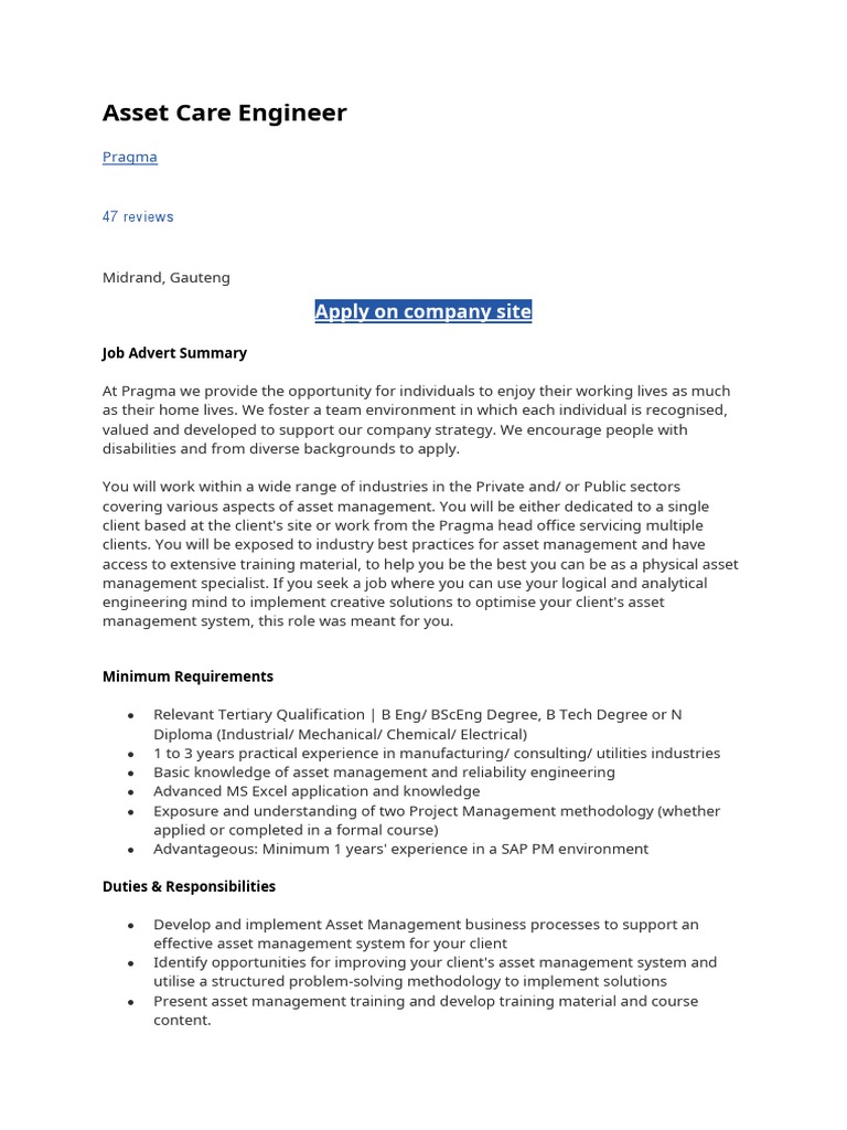 Asset Care Engineer - PRAGMA | PDF