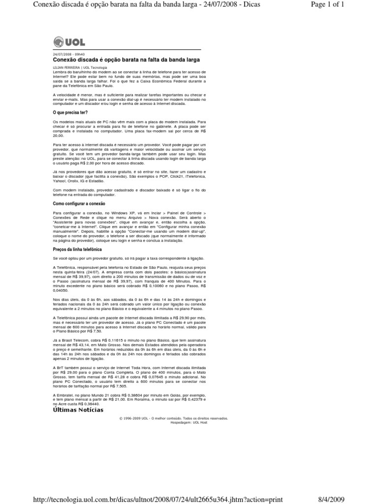 Tecnologia - Uol.com - BR Dicas Ultnot 2008 07 24 Ult2665u3 | PDF | Banda larga | Provedor de ...