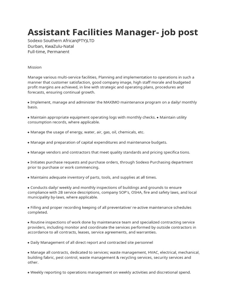 Assistant Facilities Manager Role | PDF | Waste Management | Employment