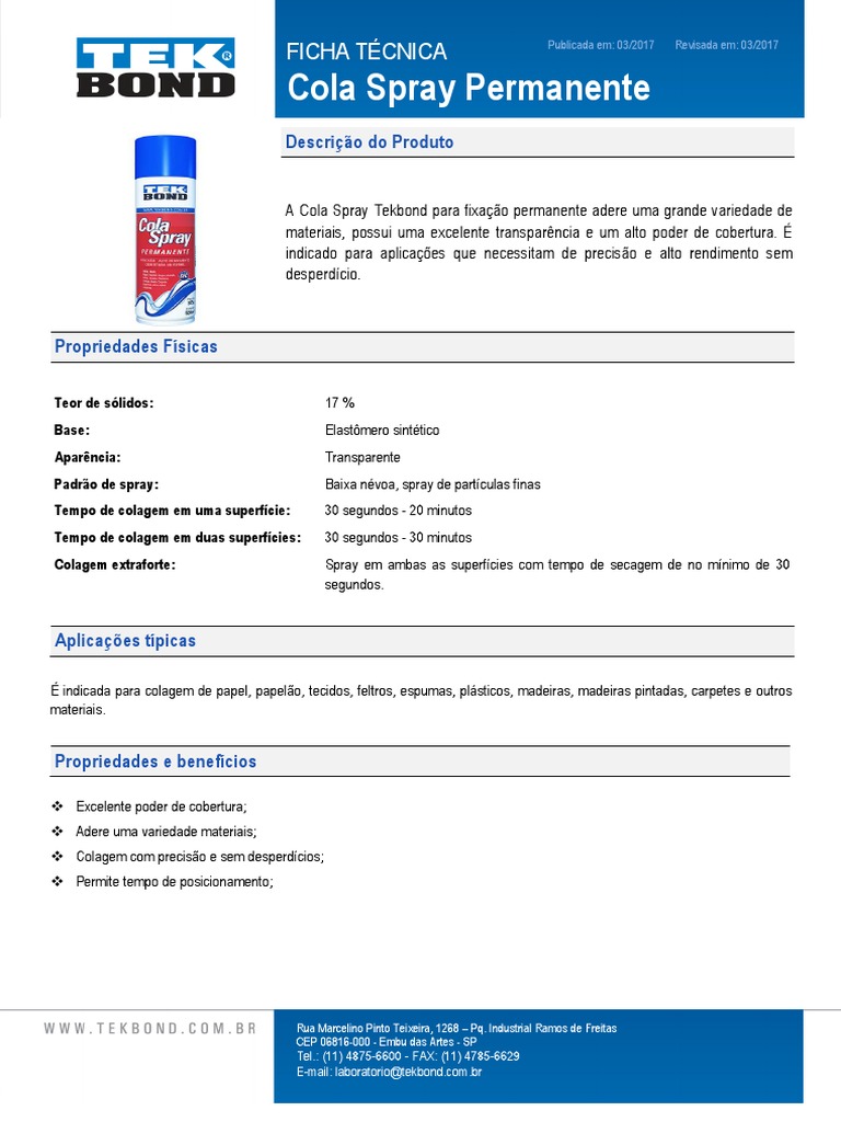 Tds Ficha Tecnica Cola Spray Permanente Rev 03 17 | PDF | Tinta ...