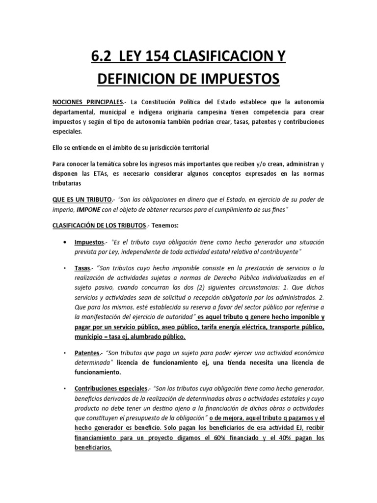 6.2 Ley 154 Clasifcacion y Definicion de Impuestos | PDF | Impuestos | Gobierno