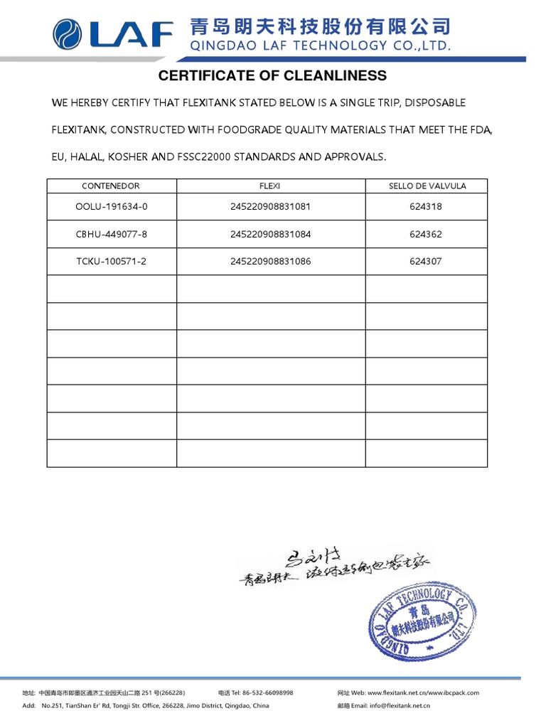 CERTIFICATE OF CLEANLINESS (DRAFT) BK 2716192400 | PDF