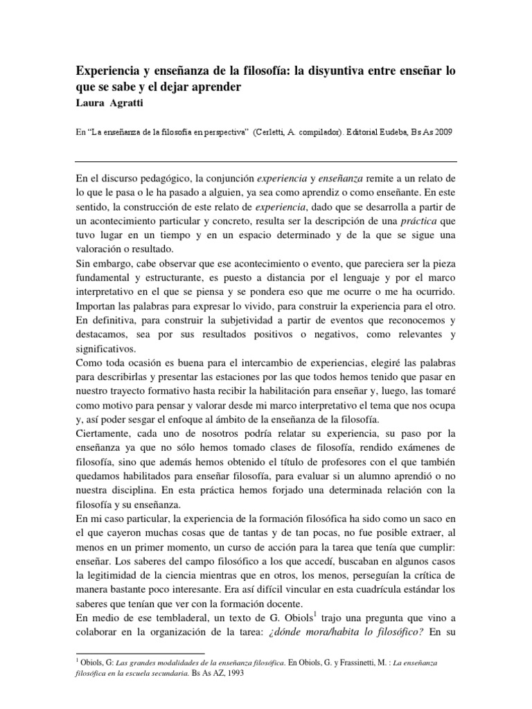 Agratti Experiencia y Enseñanza de La Filosofía | PDF | Subjetividad ...