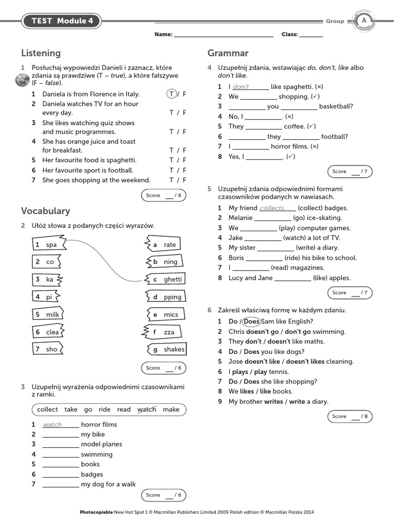 New Hot Spot 1 Module 4 Test A | PDF