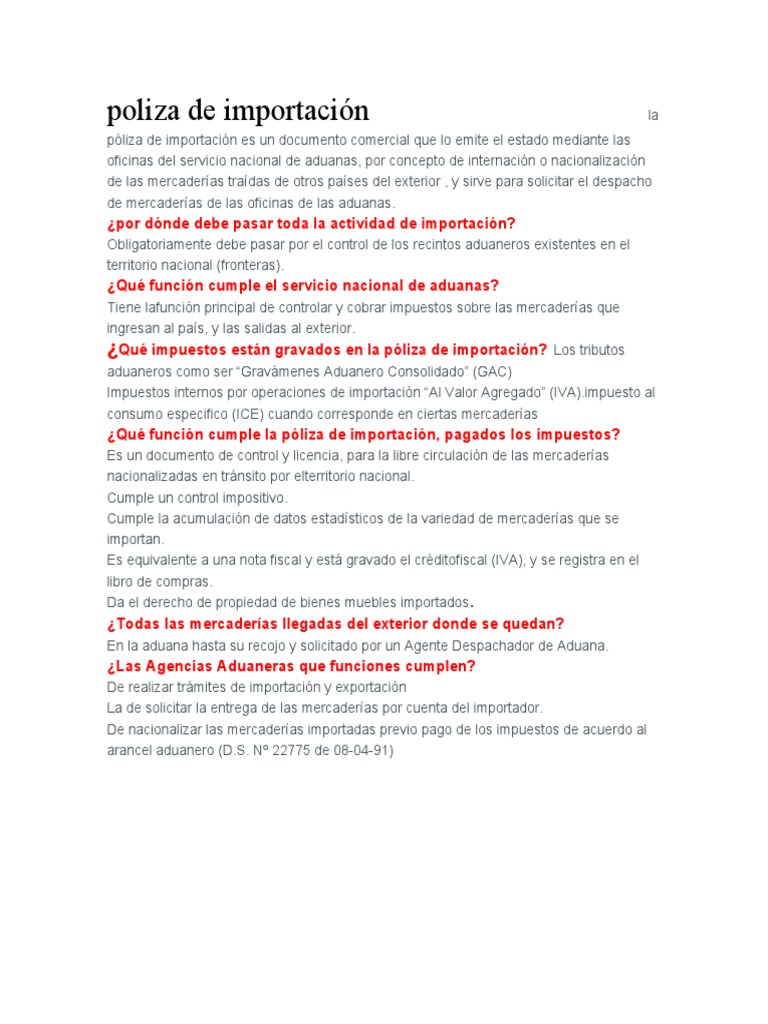 Poliza de Importación | PDF | Seguro | aduana