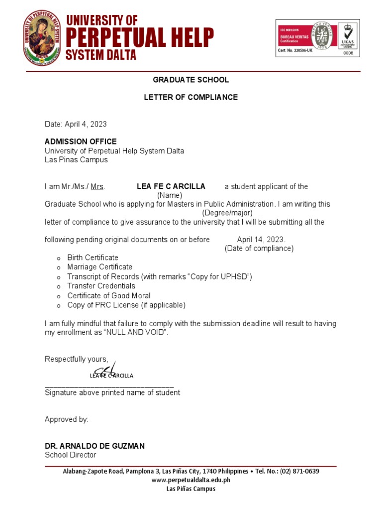 Compliance Letter for Graduate Admission | PDF | Wellness