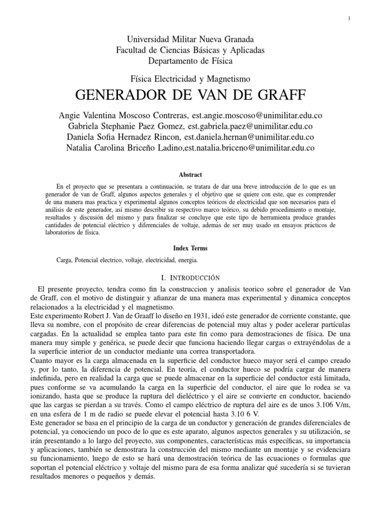 Proyecto Generador Van de Graff | PDF | Electricidad | Generador eléctrico