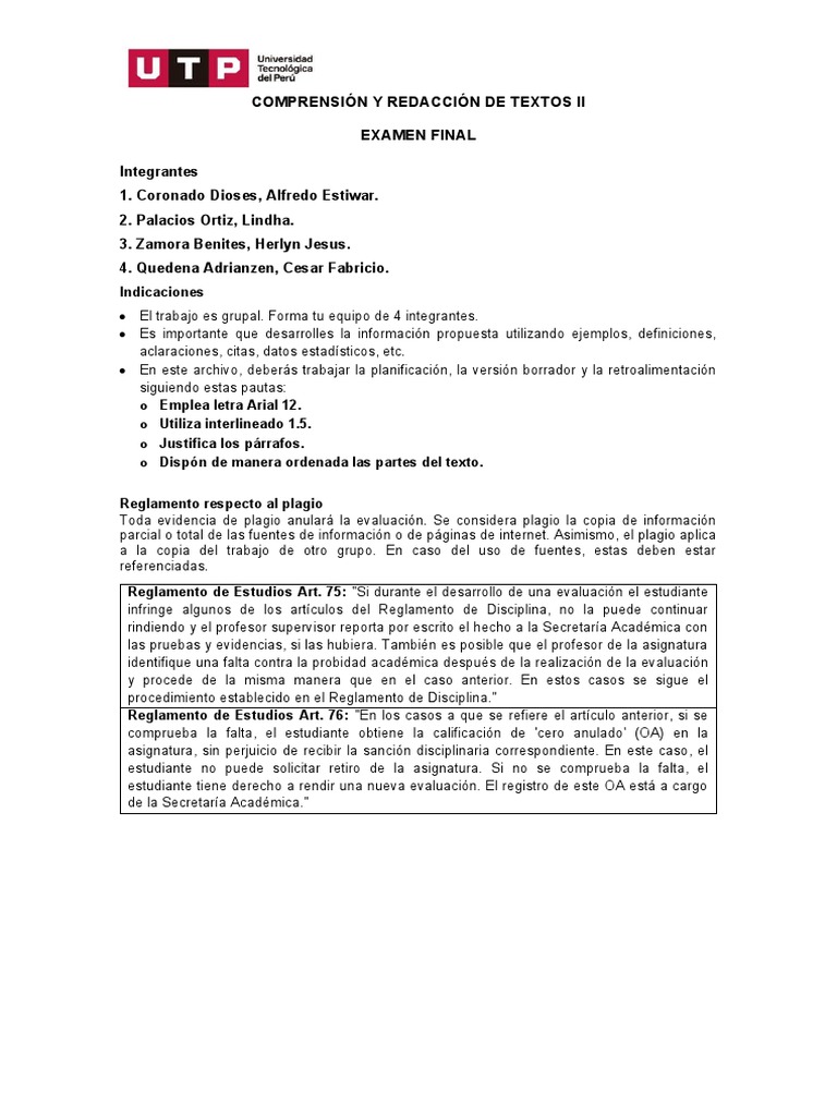 Examen Final COMPRENSIÓN Y REDACCIÓN DE TEXTOS II | PDF