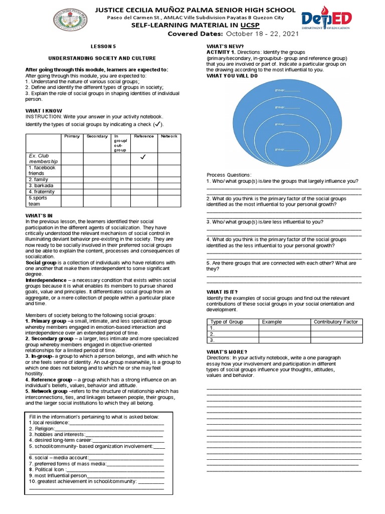Self-Learning-Material-UCSP-week5 - Social Group | PDF | Social Group | Attitude (Psychology)