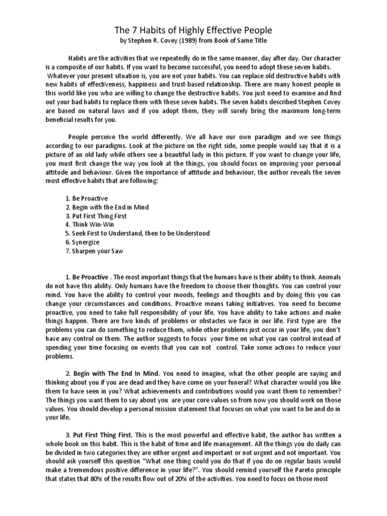 1 Primer On The 7 Habits of Highly Effective People (Covey) | PDF ...