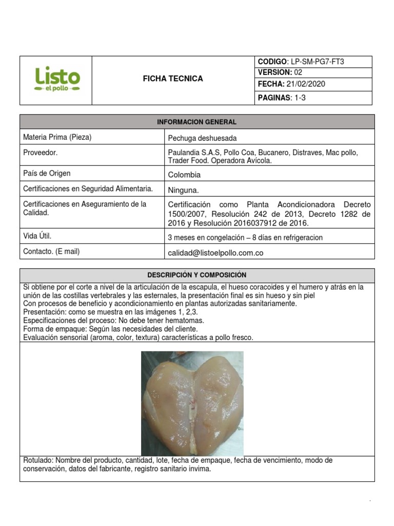 Ficha Tecnica MPC - Pechuga Deshuesada | PDF