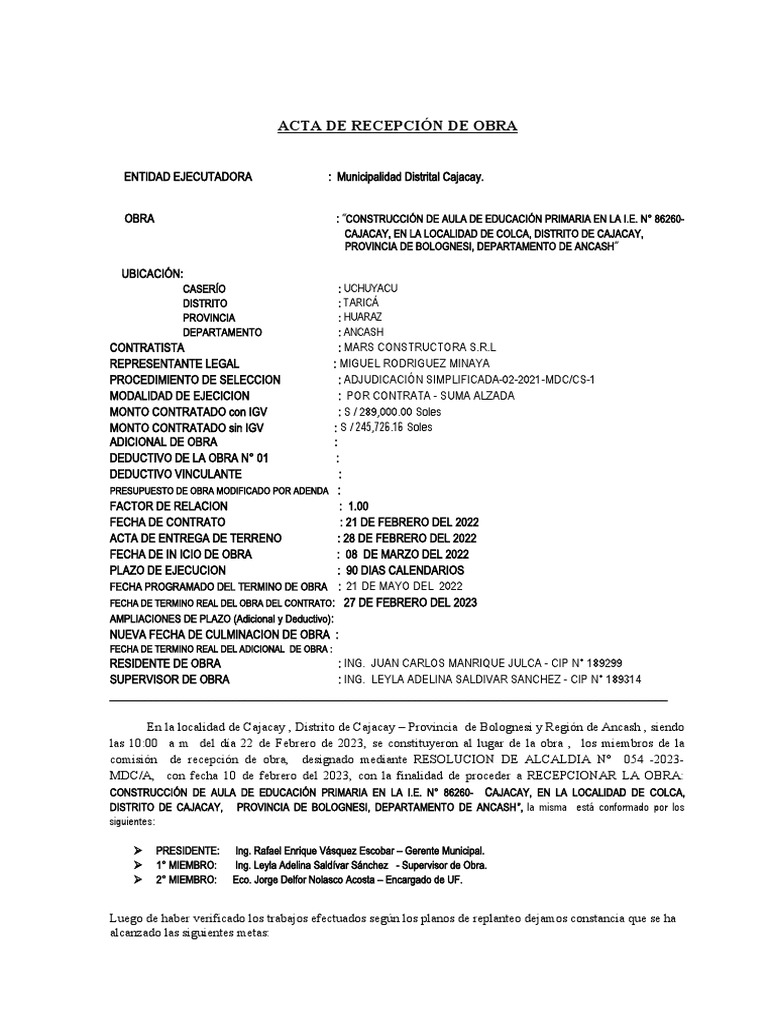 Acta Recepción de Obra - Cajacay - 2023. | Descargar gratis PDF | Fundación (Ingeniería ...