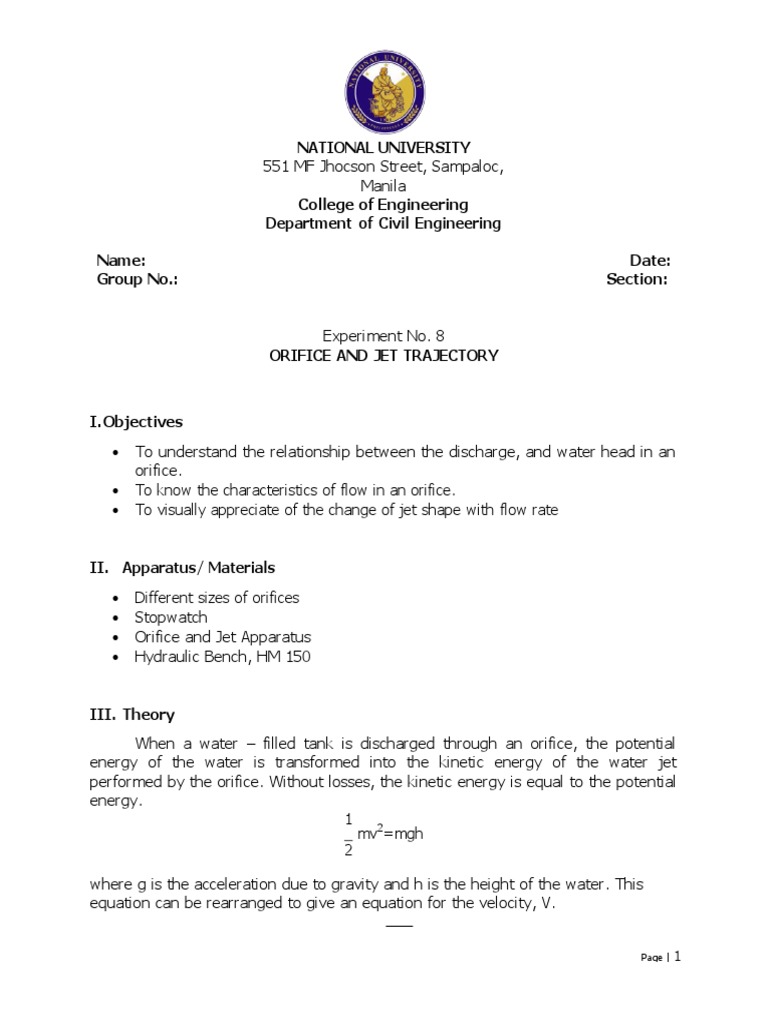 Experiment 8. Orifice and Jet Trajectory | PDF | Velocity | Dynamics (Mechanics)