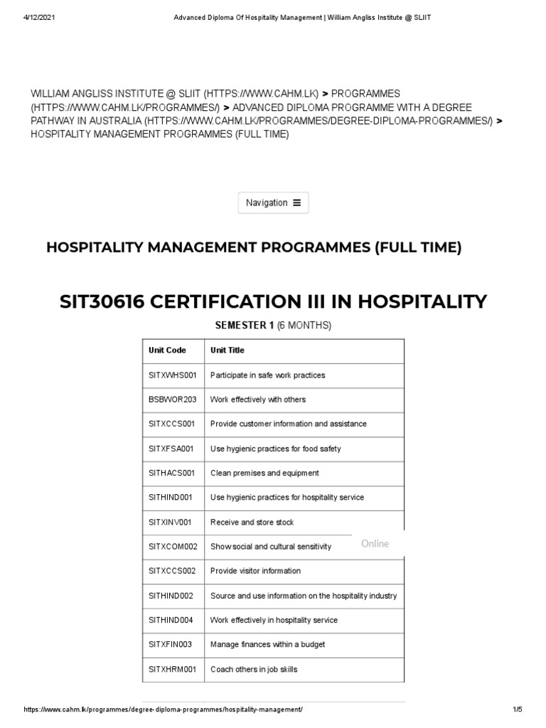Advanced Diploma of Hospitality Management - William Angliss Institute at SLIIT | PDF | Business