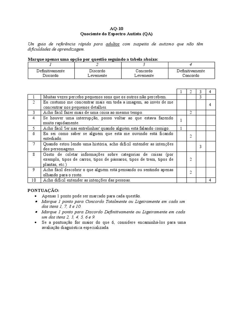 Quociente Do Espectro Autista (QA) - AQ-10 - Eduardo Da Irlanda | PDF ...