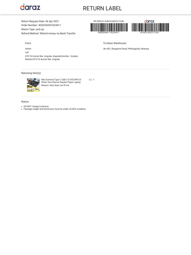 Daraz Return Authorization Details | PDF