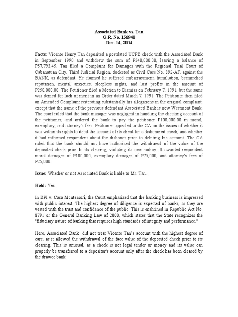 Associated Bank Liability Case Summary | PDF | Social Science | Law