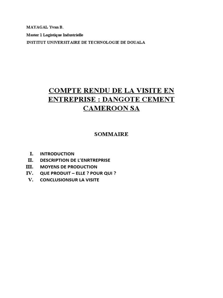 Compte Rendu Visite Dangote Yvan | PDF