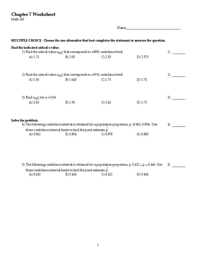 1 CH - 7 - WKSHT | PDF | Confidence Interval | Standard Deviation