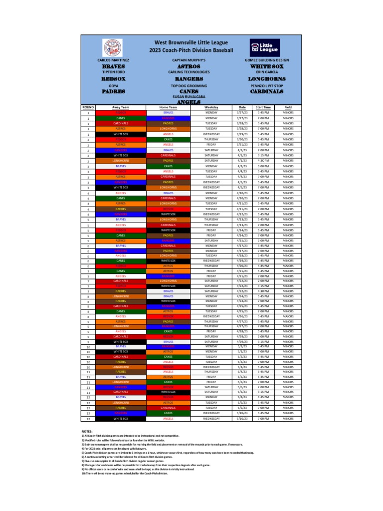 2023 Coach-Pitch Baseball Schedule | PDF | Boston Red Sox | Major ...