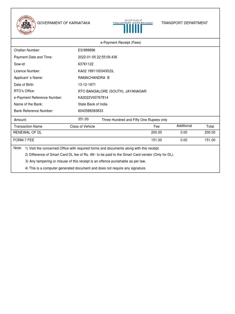 Karnataka Transport Dept e-Payment Receipt | PDF