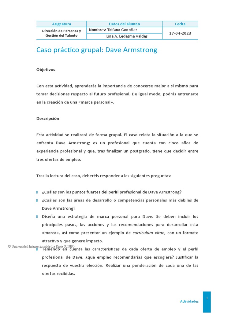 Caso Práctico Grupal: Dave Armstrong: Objetivos | PDF | Gestión del talento | Bibliografía