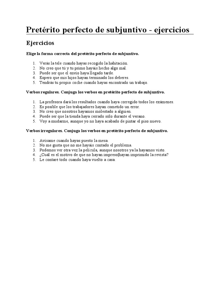 Ejercicios de pretérito perfecto subjuntivo | PDF | Artes del Lenguaje ...