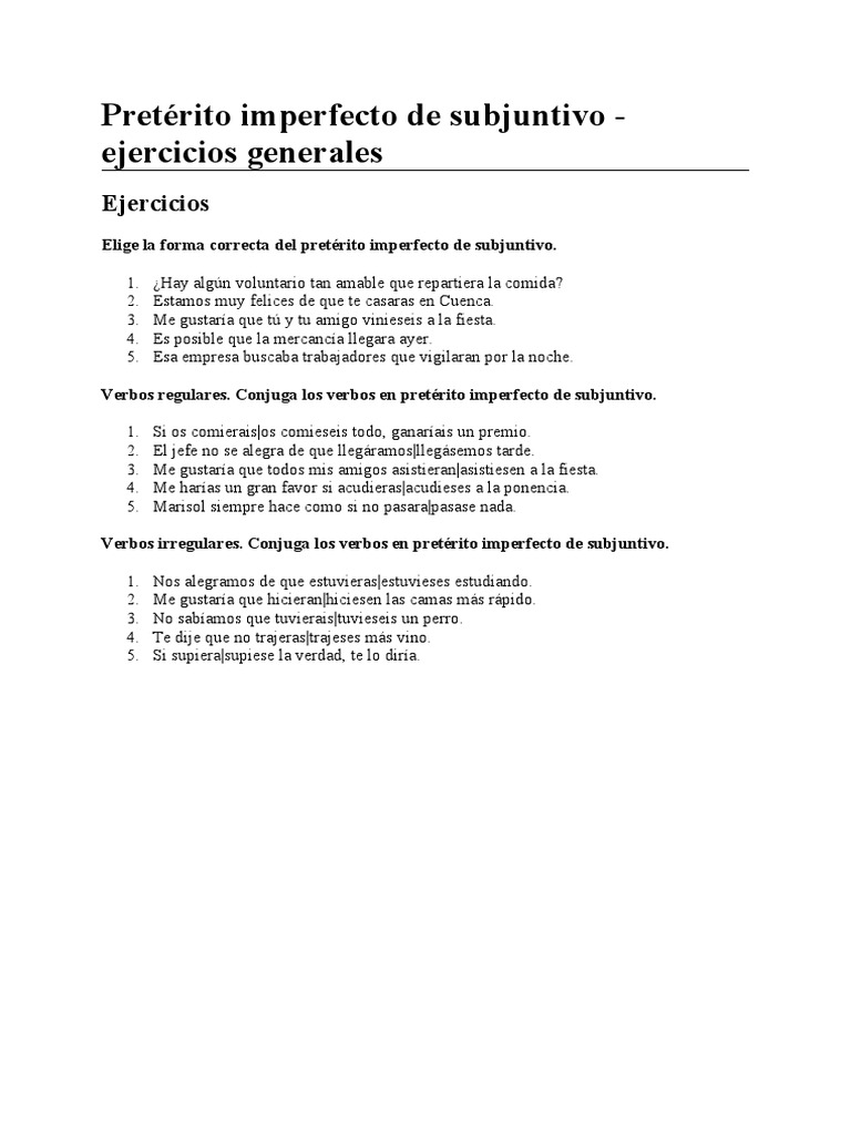Ejercicios de pretérito imperfecto subjuntivo | PDF