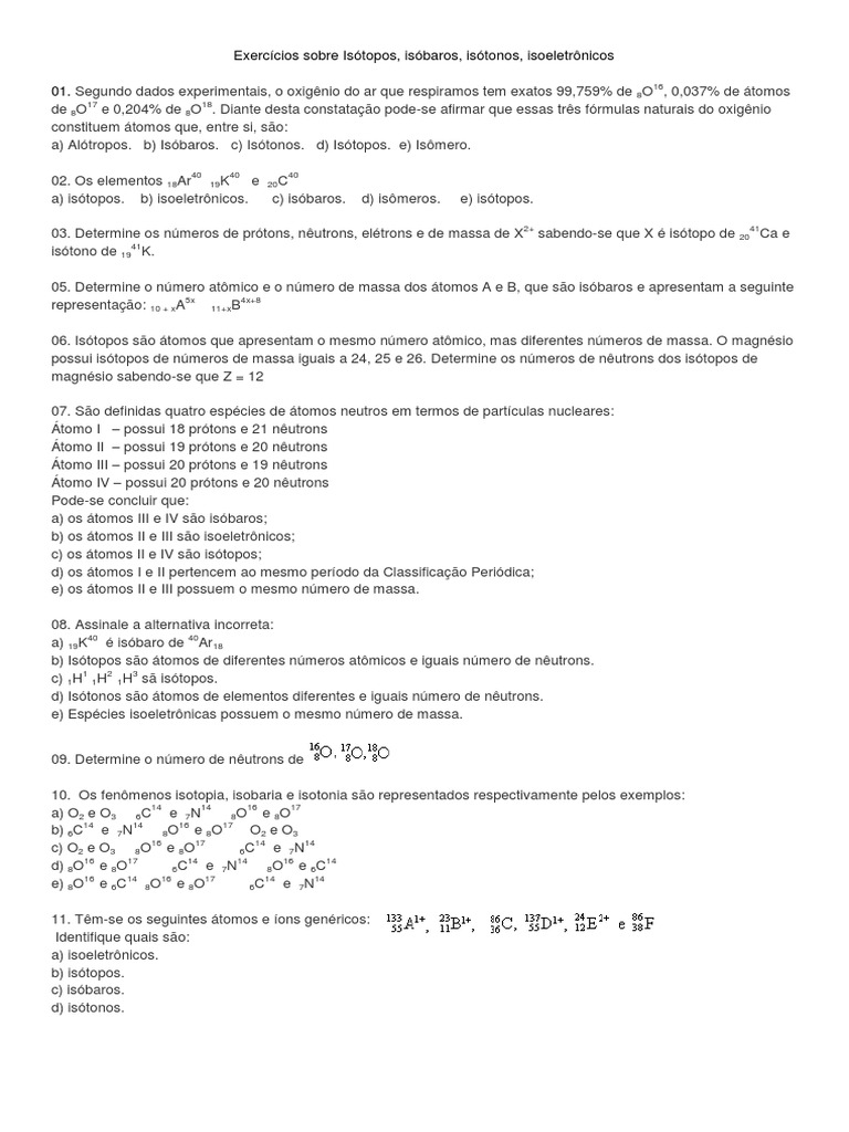 Isótopos Isóbaros Isoeletrônicos Isótonos Pdf Isótopo Próton