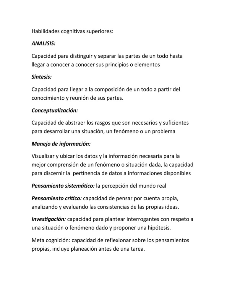 Habilidades Cognitivas Superiores y Básicas | PDF | Pensamiento ...