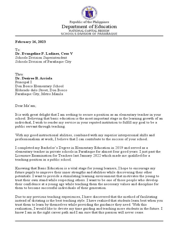 Elementary Teacher Application Letter | PDF | Career & Growth | Social ...
