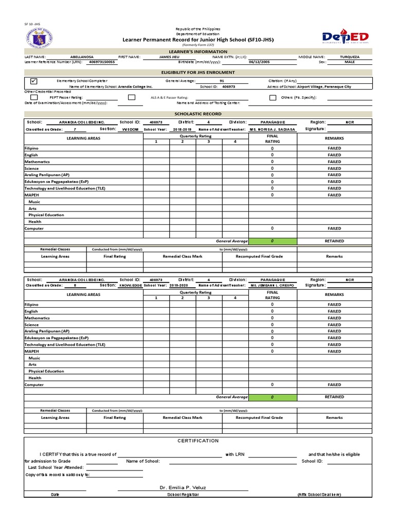Sample Jhs sf10 | PDF